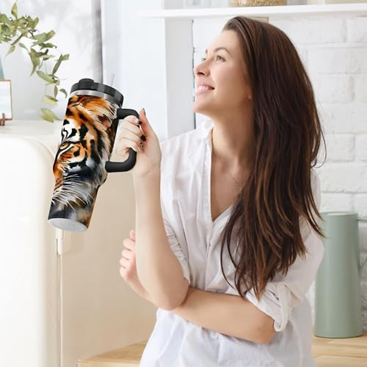 Flradish 30oz Tumbler with Handle, Watercolor Tiger Portrait Stainless Steel Tumbler with Lid and Straws Double Wall Vacuum Insulated Leakproof Coffee Travel Mug