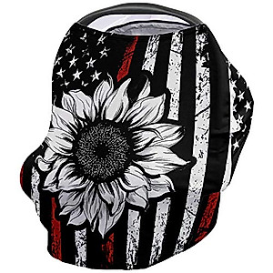 Baby Car Seat Covers Nursing Scarf, Vintage American Flag with Sunflower United States Flag Black Stretchy Infant Carseat Canopy Breastfeeding Covers, Baby Shower Gifts