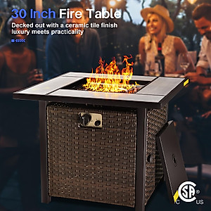 XIZZI Patio Furniture Sets Outdoor Swivel Rocking Chairs with 50,000 BTU Propane Fire Pit Table 7 Pieces All Weather PE Wicker Conversation Sofa and Matching Side Table,Brown Wicker Orange Red