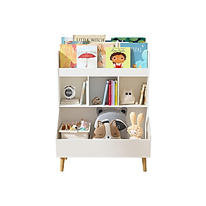 BAOMKONG Toy Storage Organizer, Kids Bookshelf and Bookcase with Solid Wood Legs, Multifunctional Bookshelf with Storage, Children Bookcase for Kids Room, Living Room, Nursery, White