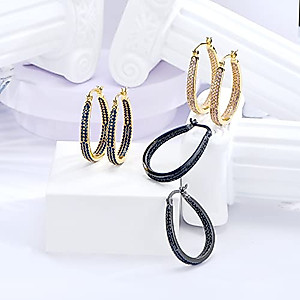925 Sterling Silver Post Hoop Earrings for Women Gilrs Black Cubic Zirconia Oval Chunky Black Hoop Earrings weinuo Jewelry