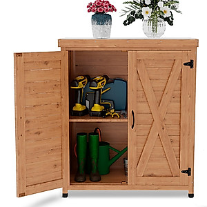 Outdoor Storage Cabinet, Wood Shed for Tool,Package Delivery Box for Porch, Deck Box,with Metal Table Top,for Outdoor Patio,for Patio, Garden, and Lawn Use,Porch,Solid Wood,31×18×36(in) Light Brown