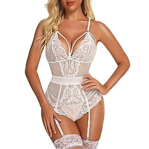 Donnalla Women Lingerie Set with Garter Belt Sexy Lace Bodysuit Fishnet One Piece Teddy (No Stockings)(White Small)