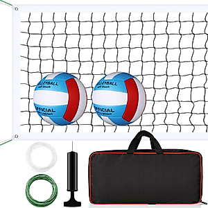 Meooeck Volleyball Net Set Includes 32x3ft Net 2 Volleyballs with Pump, Aircraft Wire Rope, Carrying Bag Portable Regulation Size Indoor Beach Badminton Net System Operation Christmas(Bright Colors)