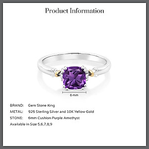 Gem Stone King 925 Sterling Silver and 10K Yellow Gold 6MM Cushion Cut Gemstone Birthstone Engagement Ring | Wedding Anniversary Promise Ring For Women | Available In Size 5, 6, 7, 8, 9