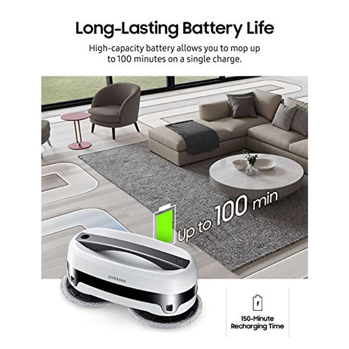 SAMSUNG Jetbot Mop, Cordless Robot Floor Cleaner, Wet Cleaning w/ Dual Spinning Pads, Smart Sensor to Clean Tile, Vinyl, Laminate, Hardwood Floors, Long Battery Life, VR20T6001MW, White