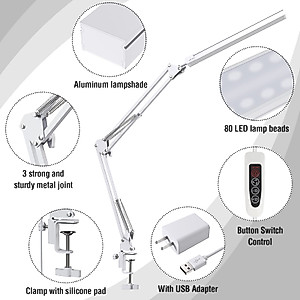 TROPICALTREE LED Desk Lamp, Swing Arm Desk Light with Clamp, 3 Lighting 10 Brightness Eye-Caring Modes, Reading Desk Lamps for Home Office 360°Spin with USB Adapter & Memory Function white-14W