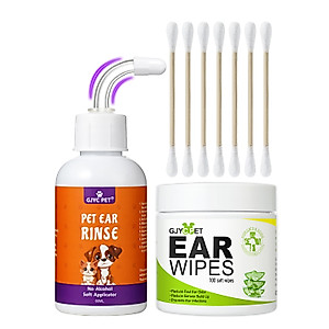 GJYC PET Dog Ear Cleaner-Ear Rinse & 100pcs Dog Ear Wipes & 30 Cotton Swabs Dog Ear Inflammation Therapy for Itch Relief, Soothe Ear Inflammation, Removes Wax, Odor