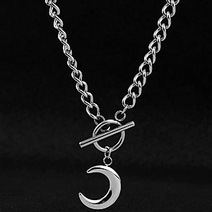VCCKNB JEWELRY Moon Chain Necklace 18K White Gold Plated Silver Moon Necklace Crescent Moon Necklace for Women Toggle Necklace Moon Choker Necklace Moon Chain Necklace for Men