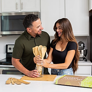 Bamboo Kitchen Utensils and Wooden Spurtle Set with Bamboo Cutting Board! 11pc Gift Pack. 1x Wood Chopping Board, 4x Bamboo Spurtles, 6x Bamboo Utensils Set. 15x10" Large Cutting Board Set SOL LIBRA