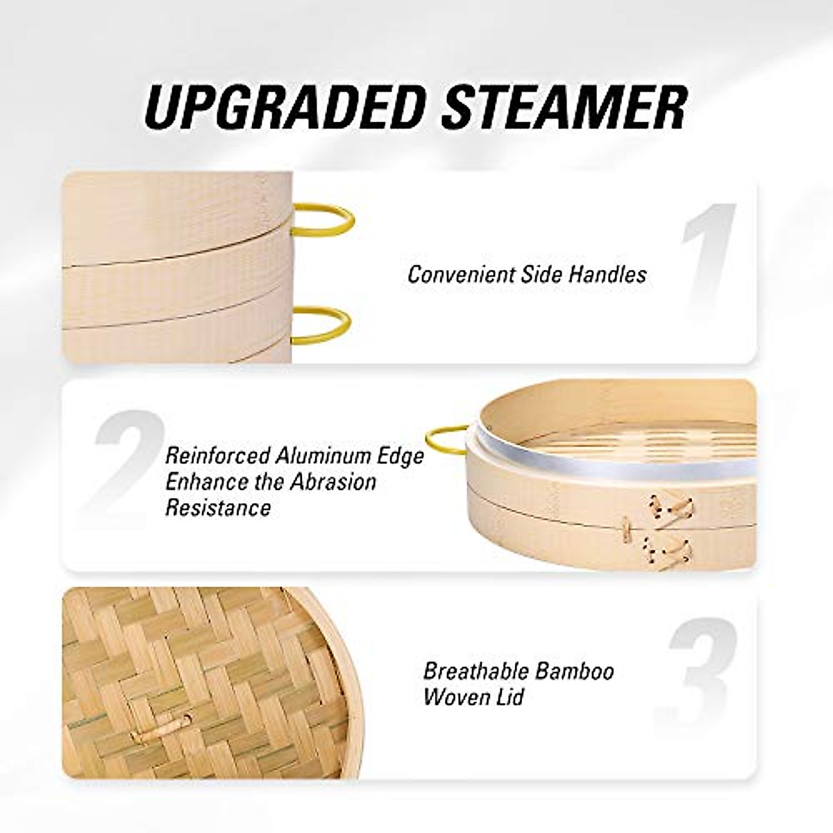 MacaRio Bamboo Steamer Basket Set 10 inch Steamer for Cooking, with Side Handles Chopsticks Ceramic Sauce Dishes Paper Liners, for Dim Sum Dumplings Buns Seafoods Rice Asian Foods