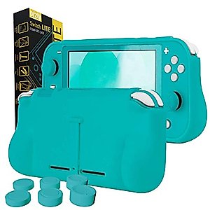 Orzly Grip Case for Nintendo Switch Lite – Case with Comfort Padded Hand Grips, Kickstand, & Pack of Thumb Grips - Turquoise Blue