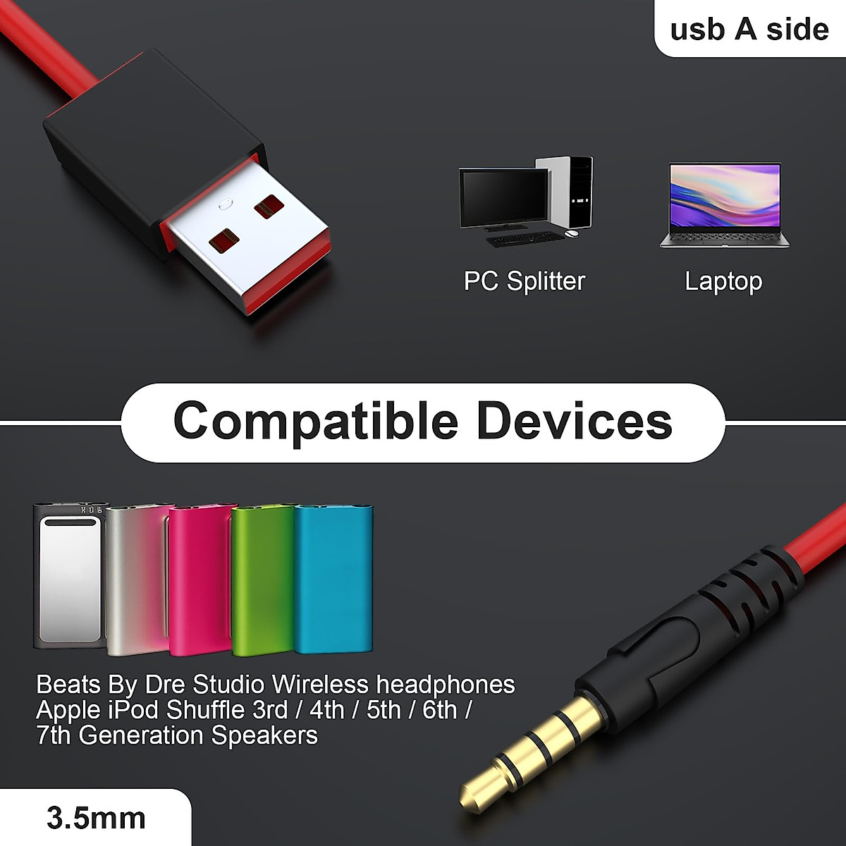 Alitutumao USB 3.5mm Cable Wire Solo Wireless Headphones Wireless Charger Cord Compatible with Beats by Dr Dre Solo Studio Wireless Headphones (Red)