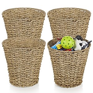 Hushee 4 Pcs Seagrass Wicker Waste Basket Woven Rattan Trash Can Boho Waste Paper Trash Bin Garbage Cans for Bedroom Kitchen Bathroom Offices Home, Brown
