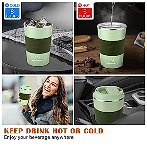 12oz Travel Mug, MOMSIV Insulated Coffee Cup with Leakproof Lid, Vacuum Stainless Steel Double Walled Reusable Tumbler for Hot and Cold Water Coffee and Tea In Travel and Car (Green-380ml)