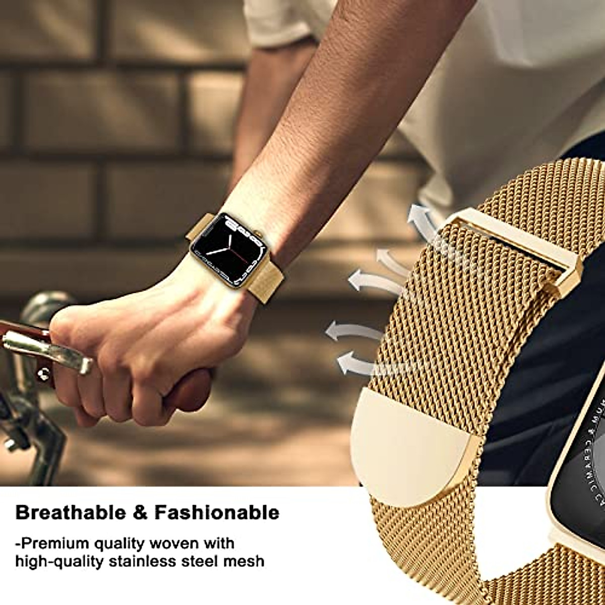 Metal Milanese Loop Band Compatible with Apple Watch Band 38mm 40mm 41mm for Women Men, Stainless Steel Mesh Magnetic Strap for iWatch Series Ultra/8/7/6/5/4/3/2/1/SE, Gold