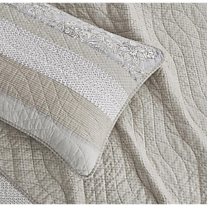 Chezmoi Collection Robyn 3-Piece Neutral Taupe Gray White Floral Hibiscus Flower Patchwork Striped Quilt Set - Pre-Washed Cotton Coverlet - Lightweight Reversible Bedspread, Queen Size