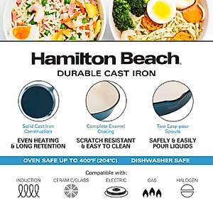 Hamilton Beach Enameled Cast Iron Fry Pan 8-Inch Navy, Cream Enamel coating, Skillet Pan For Stove top and Oven, Even Heat Distribution, Safe Up to 400 Degrees, Durable