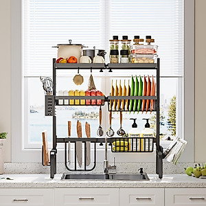 Urackify Over The Sink Dish Drainer Drying Rack, Adjustable (25.19"-37.4") Over Sink Dish Drying Rack, Extra Large Extendable Dish Rack Above Kitchen Sink, 3 Tier Dish Strainer with Storage Basket