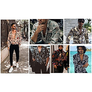 HISDERN Mens Green Paisley Floral Shirt Casual Long Sleeve Vintage Black Flowered Printed Shirts 70s Slim Fit Party Button Down Dress Shirts