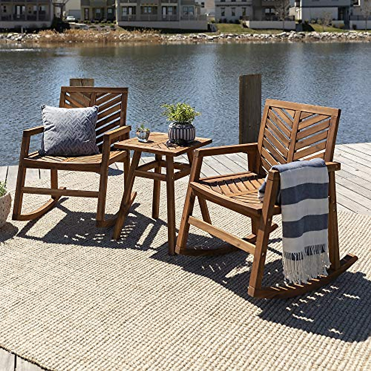 Walker Edison AZOWVINRCBR-3 Antigua Modern 3 Piece Chevron Solid Acacia Wood Outdoor Rocking Chair Set, Brown