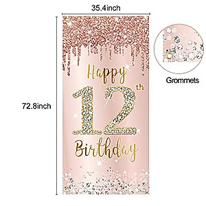 12th Birthday Door Banner Decorations for Girls, Pink Rose Gold Happy 12 Birthday Sign Door Cover Backdrop Party Supplies, Large 12 Year Old Birthday Poster Background Photo Booth Props Party Decor