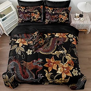 Dreamwaka Black Queen Bed in a Bag Abstract Dragon Bedding Set Yellow Vintage Floral Home Decor Comforter Set Boho Hippie Down Comforter Set with Black Sheet Set 8 Pcs Soft Microfiber for Kids Adults