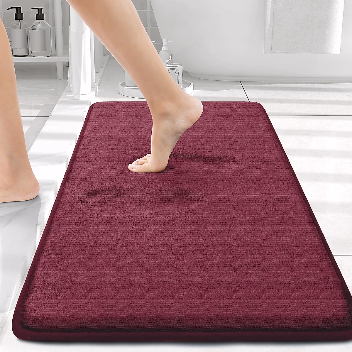 Smiry Memory Foam Bath Mat 24x16, Extra Soft and Absorbent Bathroom Mats, Non Slip Washable Carpet for Floor, Shower and Tub, Burgundy