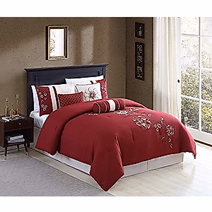 Chezmoi Collection Miranda 7-Piece Red Beige Floral Hibiscus Embroidery Comforter Set, California King