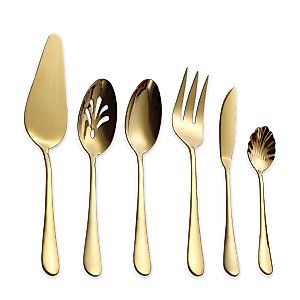 Berglander Stainless Steel Golden Titanium Plated Flatware Serving Set 6 Pieces, 5 Serving Pieces of 45 Pieces Flatware with 1 Cake Server, Golden Serving Silverware Set (Shiny Golden)