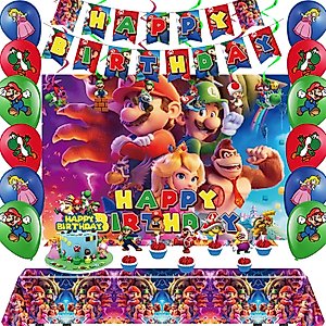 52Pcs Mari Party Cake Topper Cupcake Toppers Banner Swirl Hangings Balloons Supplies Boys Birthday Video Game Decor