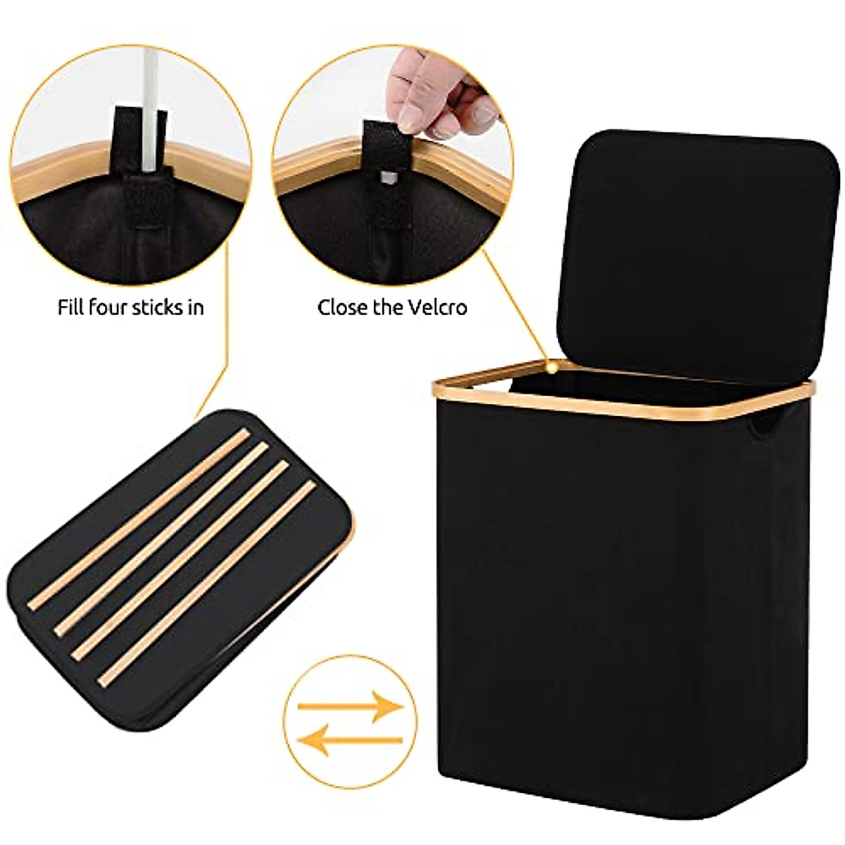 YOUDENOVA 66L Bamboo Laundry Hamper Basket with Lid and Handle, Waterproof and Collapsible Cloth Hamper for Closet and Bathroom, Black(15.7"L 13"W 19.7"H)