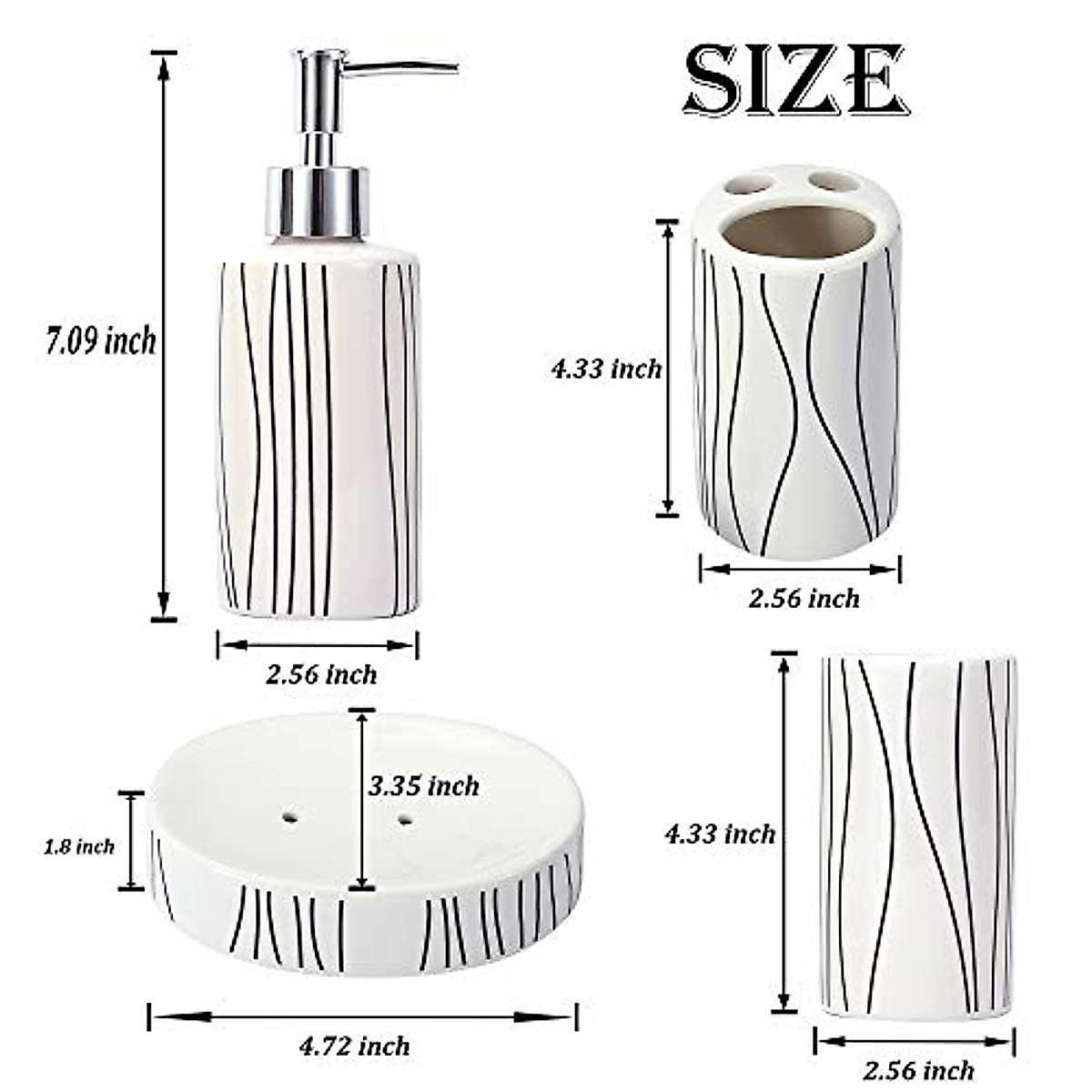LUEUR 5 Pieces Ceramic Bathroom Accessories Set Includes Soap Dispenser, Soap Dish, 2 Tumblers, Divided Toothbrush Holder w/ Striped Line Printed