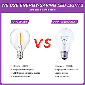 JFQSUNSINE Solar String Lights Outdoor, 25Ft 15 LED Bulbs Waterproof G40 Patio Lights, Solar Powered String Lights with USB Charging, 4 Modes for Party Patio Garden Wedding Xmas Decoration