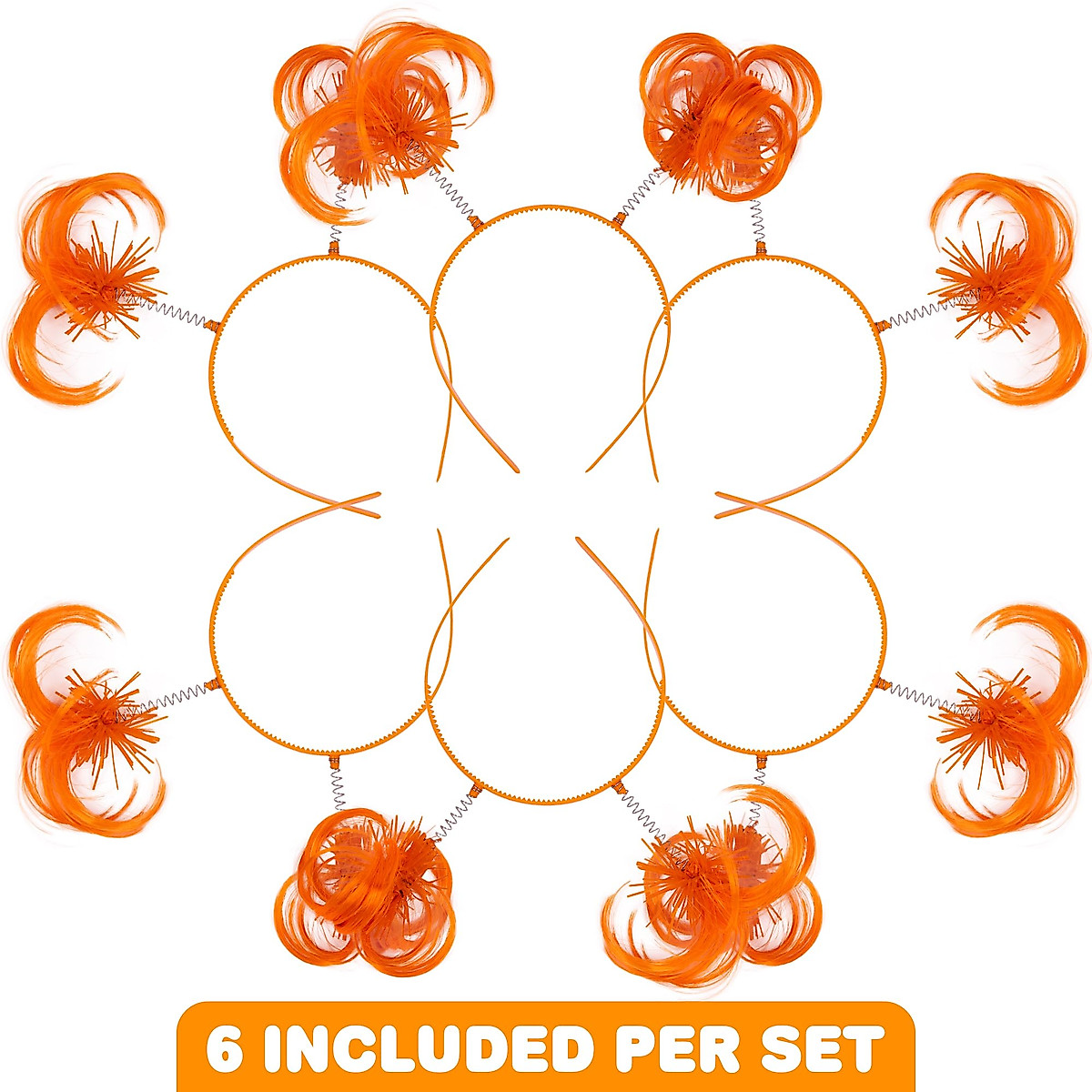 ArtCreativity Orange Ponytail Headbands for Kids - Set of 6 Head Boppers - Cute Tinsel Headband for Girls with Bopper Springs - Adorable Orange Party Favor Accessories - Pom Pom Headbands for Women
