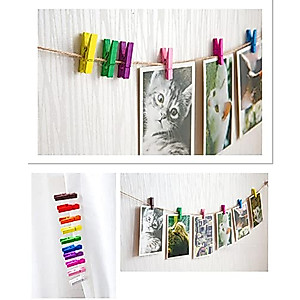 200 Pack Colored Wooden Clothes Pins, 10 Colors Wooden Clothes Pins with 66FT Jute Twine, Rainbow Clips for Photos, Pictures, Clothing Hanging (1.89 in)