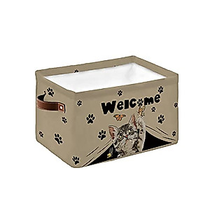 Large Capacity Storage Bins Welcome Butterfly Cute Cat and Paw Vintage Background Storage Cubes, Collapsible Storage Baskets for Organizing for Bedroom Living Room Shelves Home 15x11x9.5 In