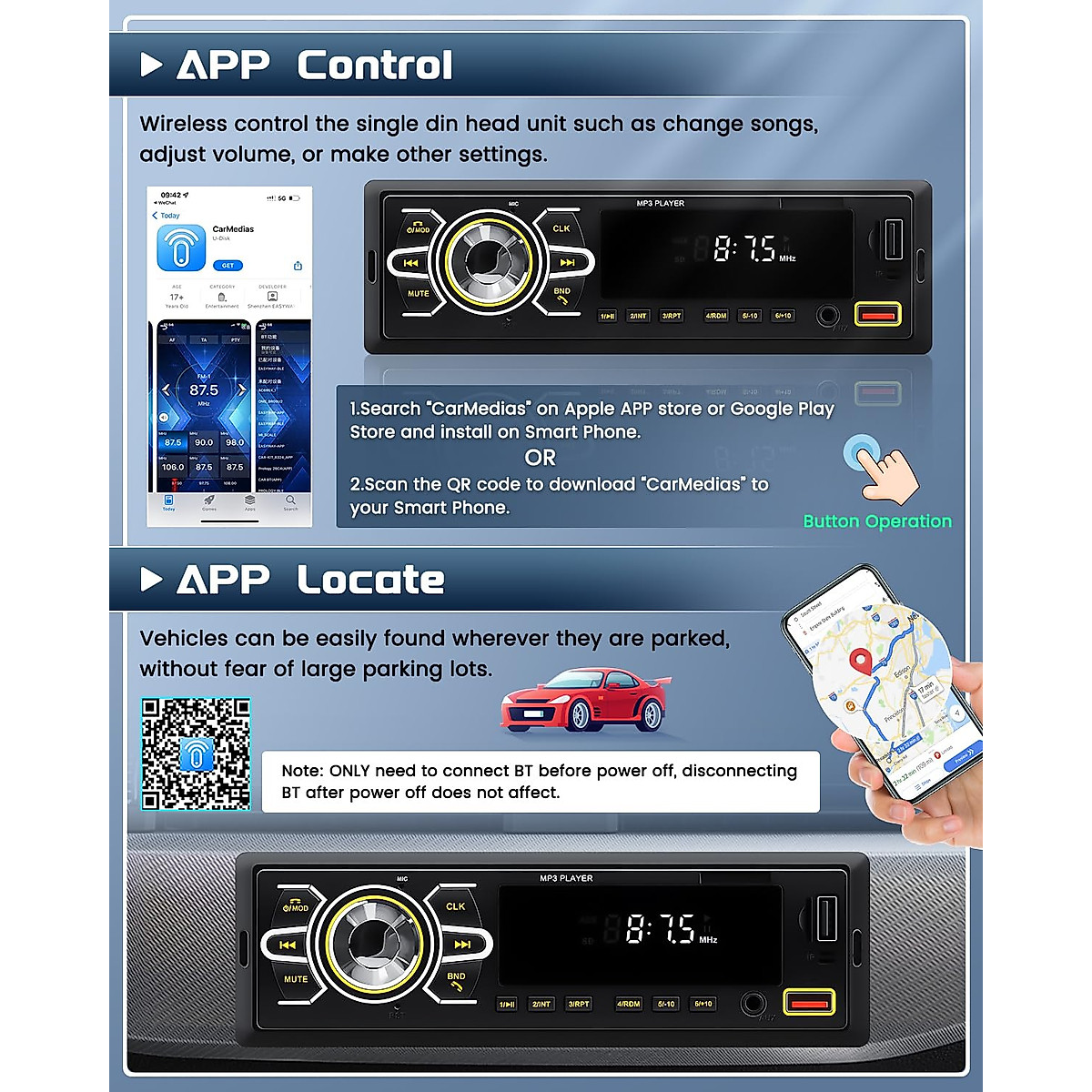 Single Din Car Stereo - Multimedia Bluetooth Audio and Hands-Free Calling, Built-in Mic, MP3 Player, No CD/DVD Player, USB Playback & Charging, AUX/TF Input, FM Radio, Remote/App Control