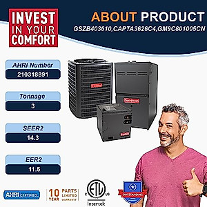 Goodman 3 Ton 14.3 SEER2 Single Stage Heat Pump GSZB403610 and 100,000 BTU 80% AFUE Multi-Speed Gas Furnace GM9C801005CN Upflow System with CAPTA3626C4