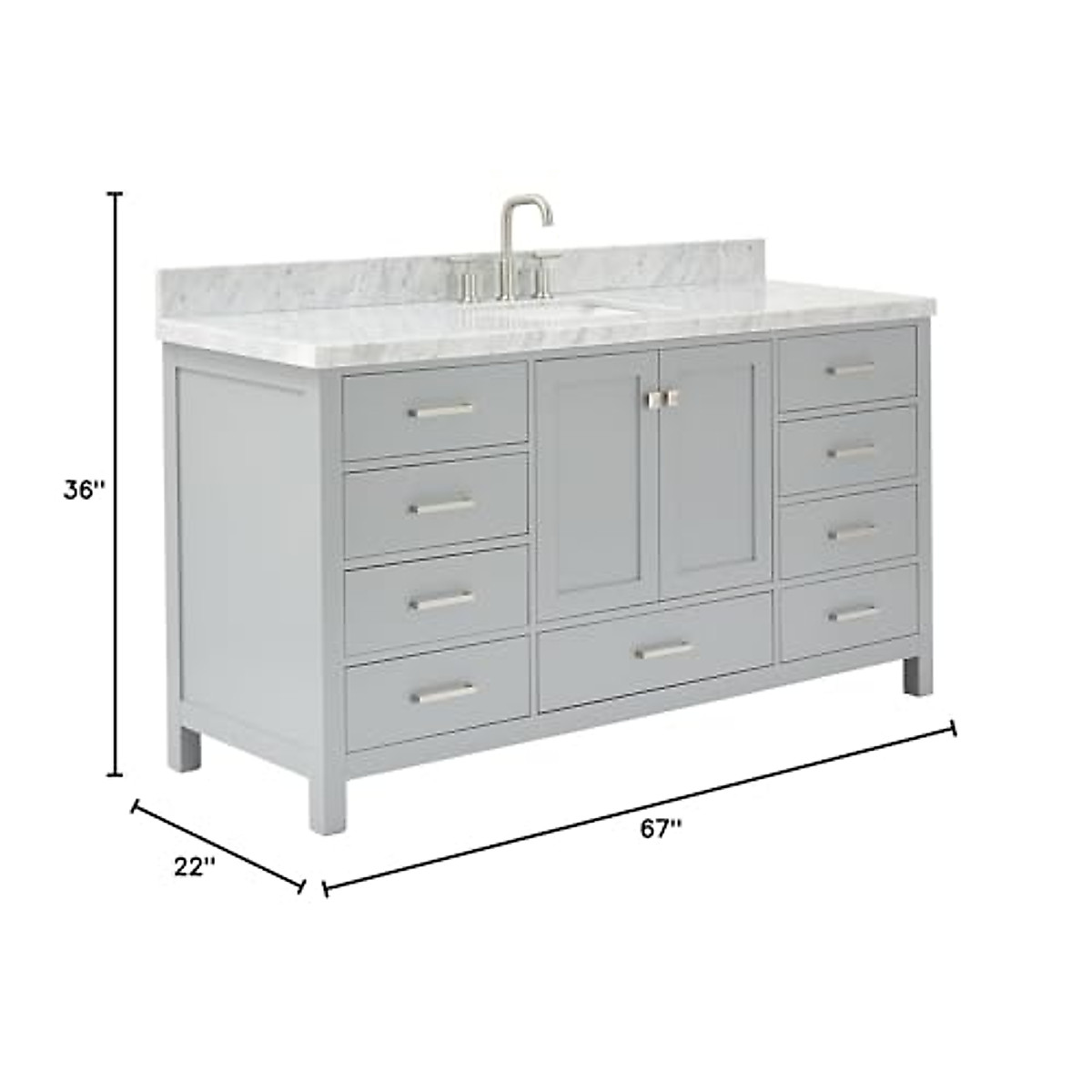 ARIEL Single Bath Vanity 67" Inch Grey, 1.5" Edge Carrara Marble Countertop & Splash, Rectangular Sink, 2 Soft Closing Doors, 9 Full Extension Dovetail Drawers, Brushed Nickel