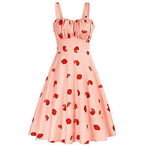 Retro Dresses for Women Vintage 1950s Dresses Floral A-Line Swing Midi Sun Dresses Women Summer Strawberry X-Large