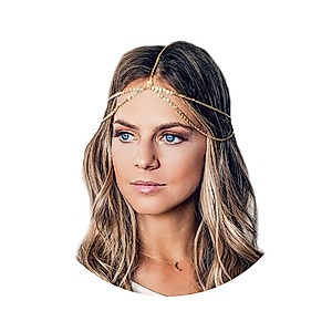 Aukmla Boho Sequins Head Chain Festival Wedding Headpiece Hair Chain Spring Summer Christmas Fashion Headband Hair Jewelry for Women and Girls (Gold)