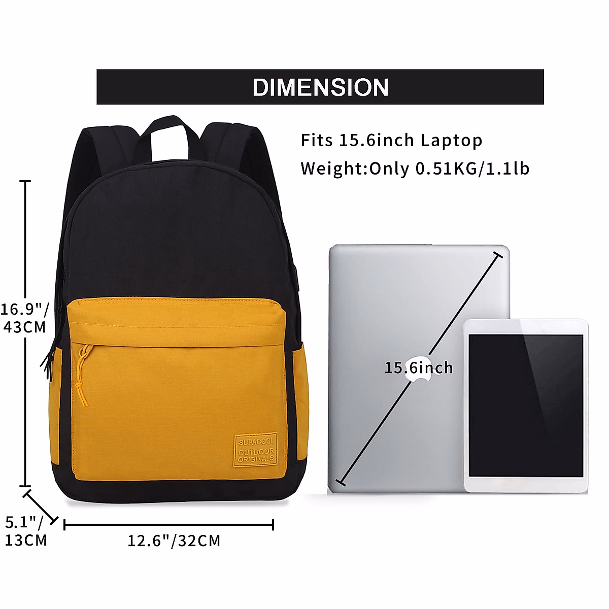 SUPACOOL Lightweight Casual Laptop Backpack with USB Charging Port For for Men and Women, Backpack for College (Full black and yellow)