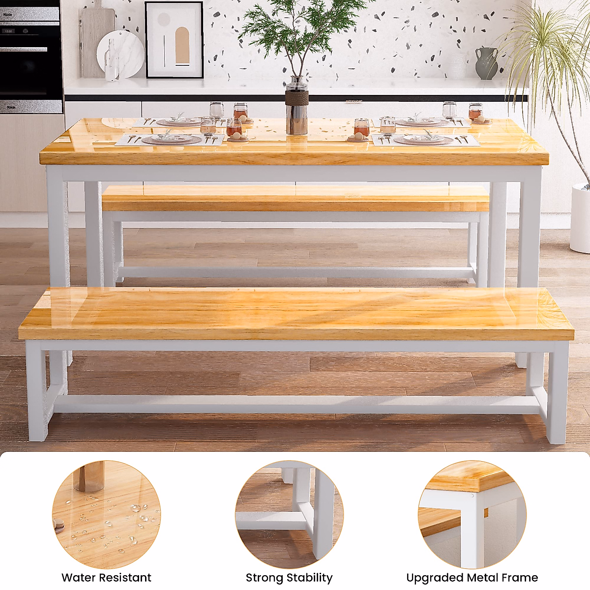 AWQM Dining Room Table Set, Kitchen Set with 2 Benches, Ideal for Home, and Room, Breakfast of 43.3x23.6x28.5 inches, Benches 38.5x11.8x17.5 Beige