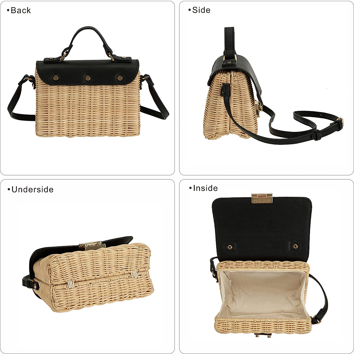 So'each Women's Handbag Wicker Square Rattan Bamboo Bag Woven Crossbody Bag Black