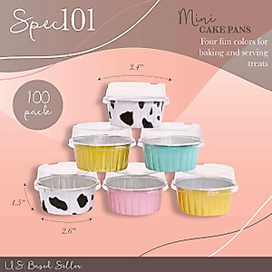 Spec101 Aluminum Foil Mini Cake Pans with Lids - 100pk 4 Color Disposable Ramekins 5oz Muffin Tins Cupcake Liners