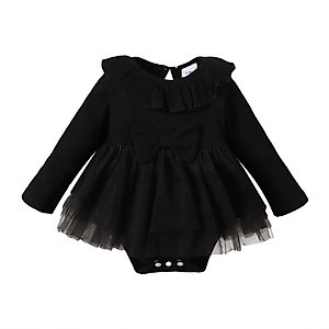 OPAWO Newborn Baby Girl Bodysuit Dress Long Sleeve Ribbed Romper Onesie with Tulle Skirt Infant Baby Girl Dresses 0-18 Months(Black,0-3 Months)