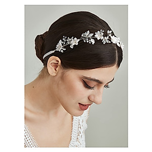 SWEETV Handmade Bridal Headband Silver Wedding Hair Accessories for Brides Hair Pieces Floral Wedding Headpieces for Flower Girl Bridesmaid