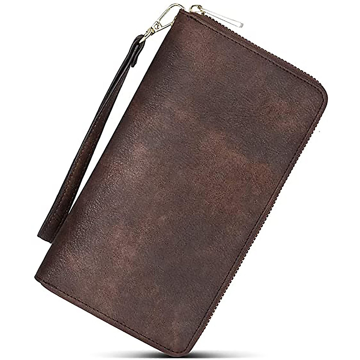 Telena Leather Wallets for Women Slim Zip Around Wristlet Clutch Purse Large Phone Holder Retro Coffee