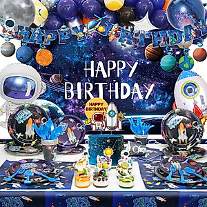 Outer Space Birthday Party Decorations, Outer Space Birthday Party Supplies, Space Themed Decoration Include Space (Foil) Balloon/Happy Birthday Banner/Cake Topper/Plate/Napkin/Cup/Tablecloth/Backdrop